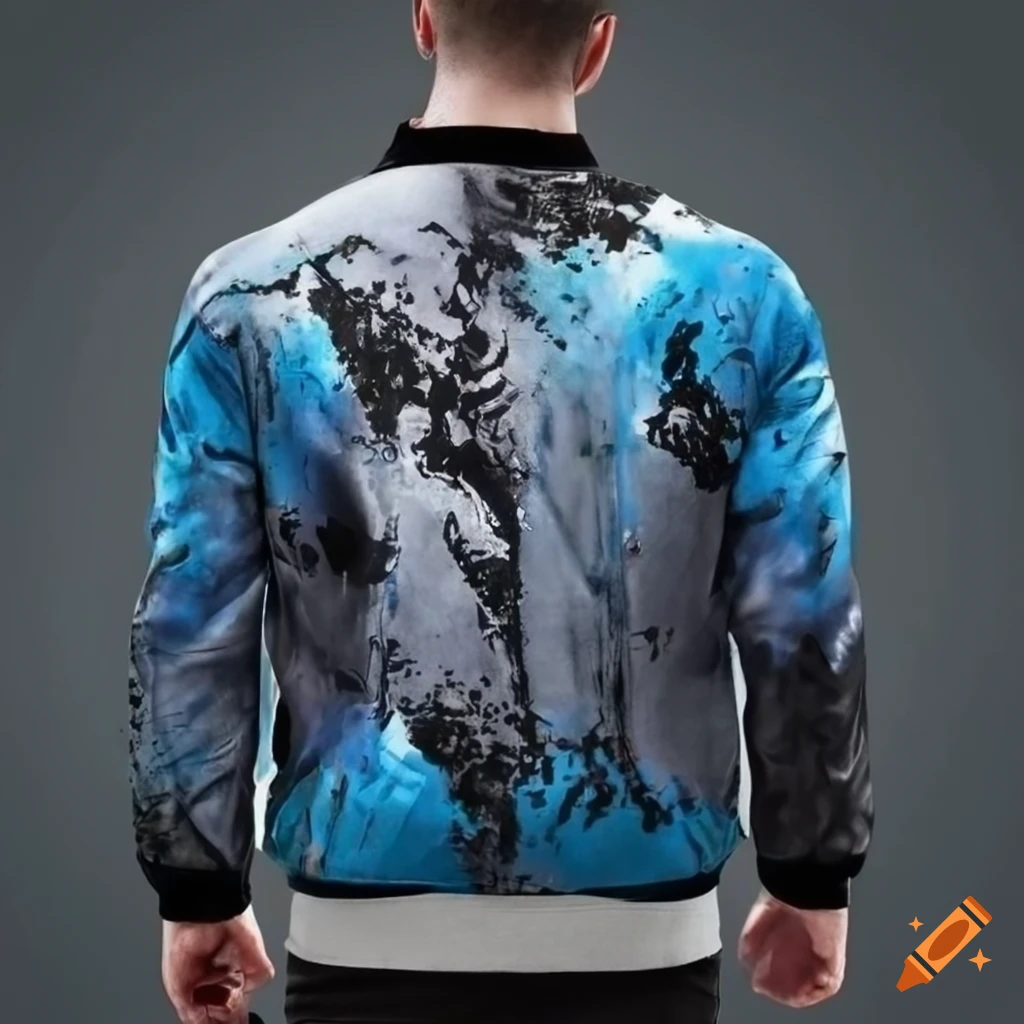 Hand-painted men's gray bomber jacket with blue and black paints on Craiyon