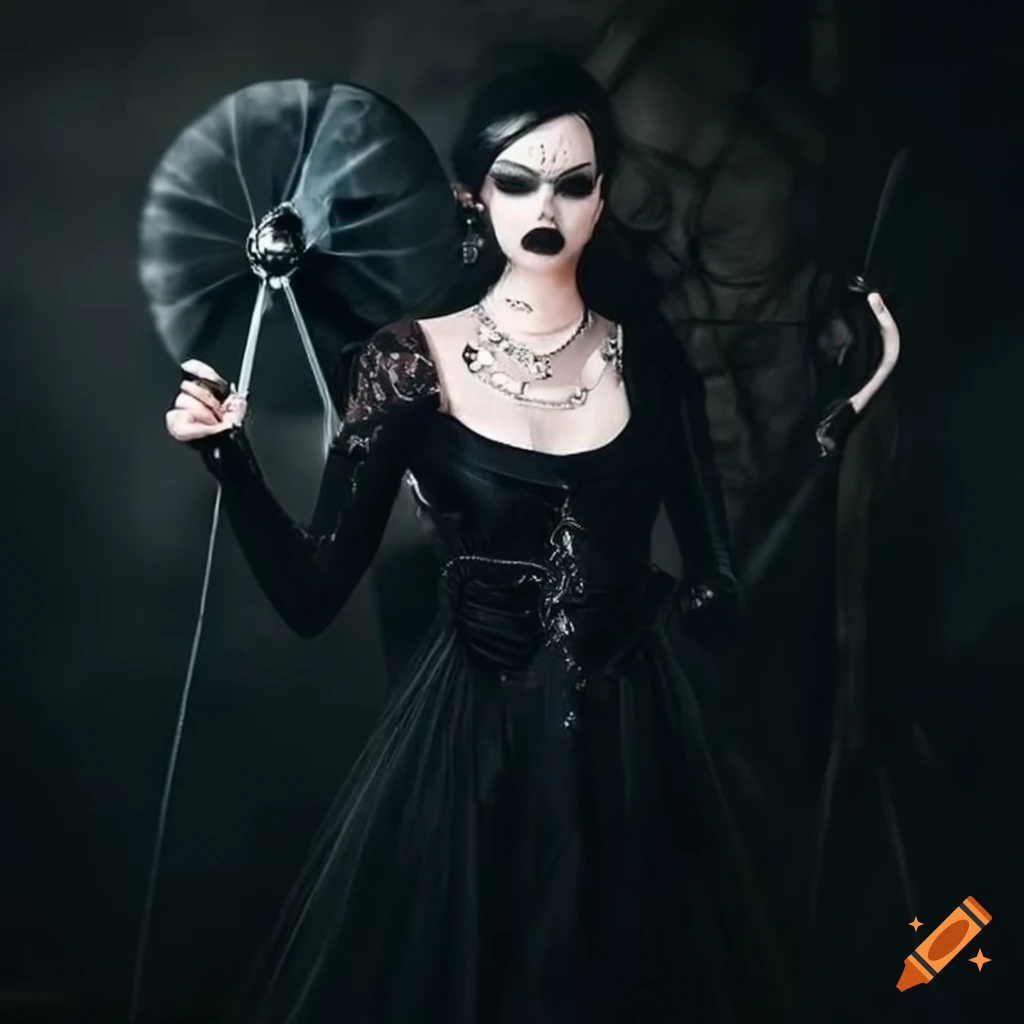 Goth lady in a stunning dress with a helicopter propeller on Craiyon