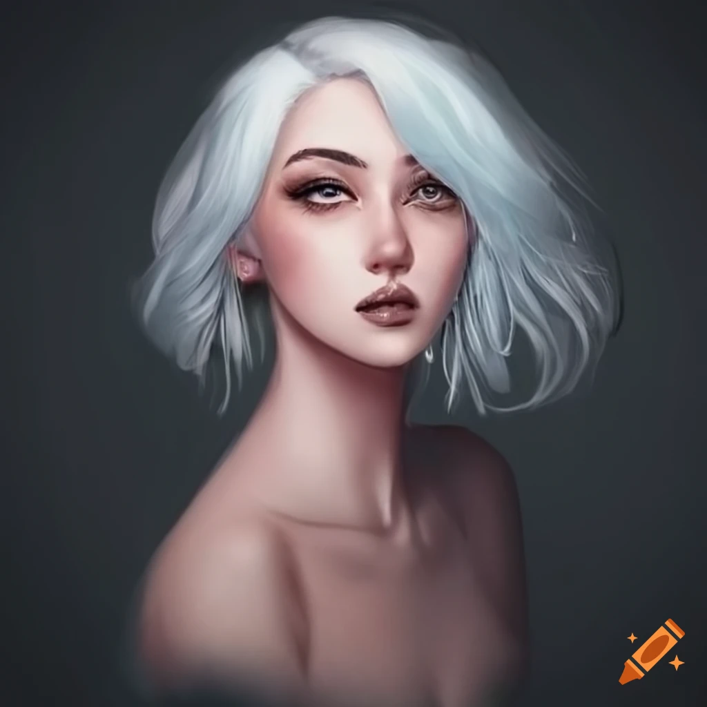 Young woman with long white hair and hazel eyes wearing black on Craiyon