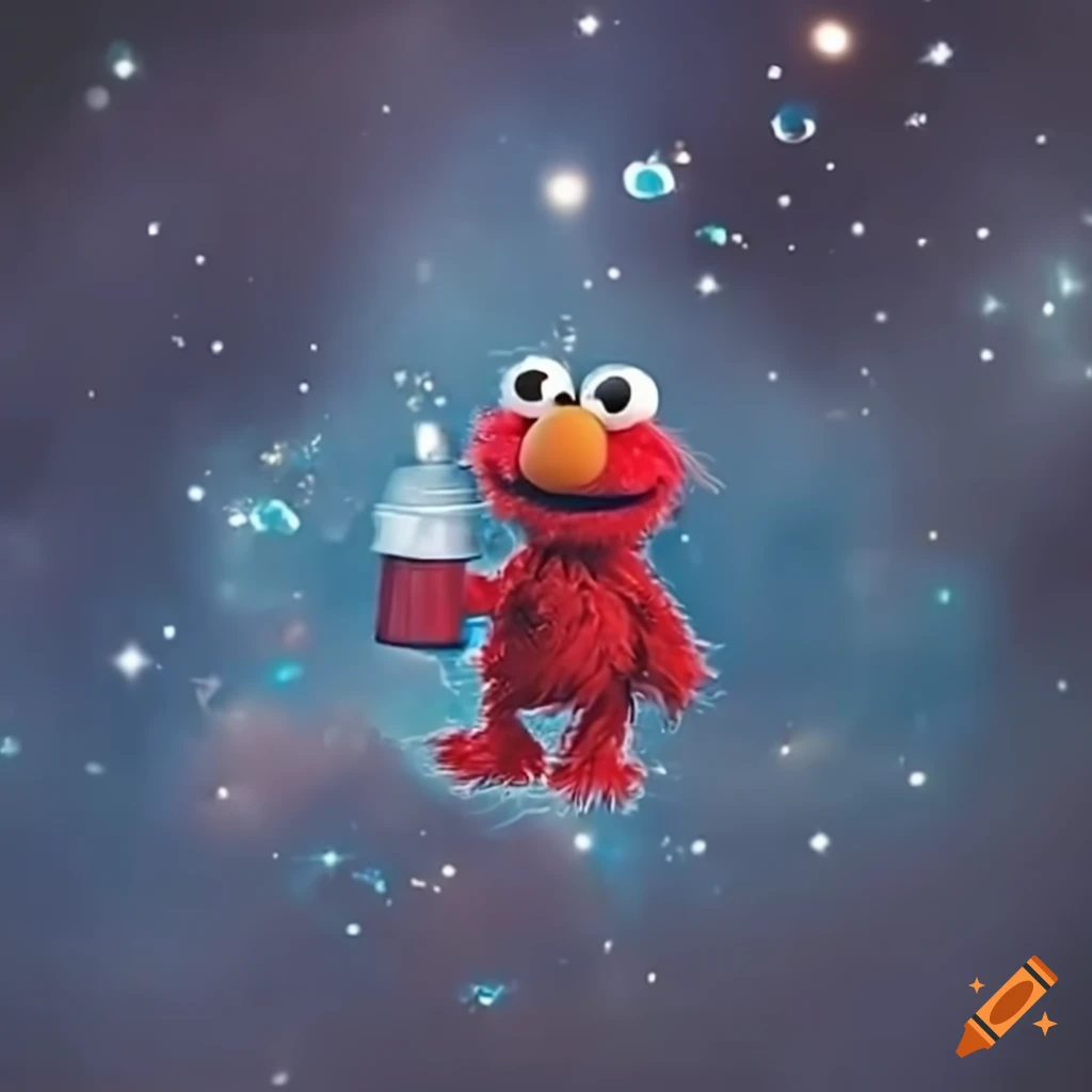 Elmo floating through space with a prime bottle on Craiyon