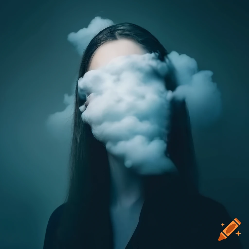 Portrait of a person standing with a surreal cloud covering their face on Craiyon