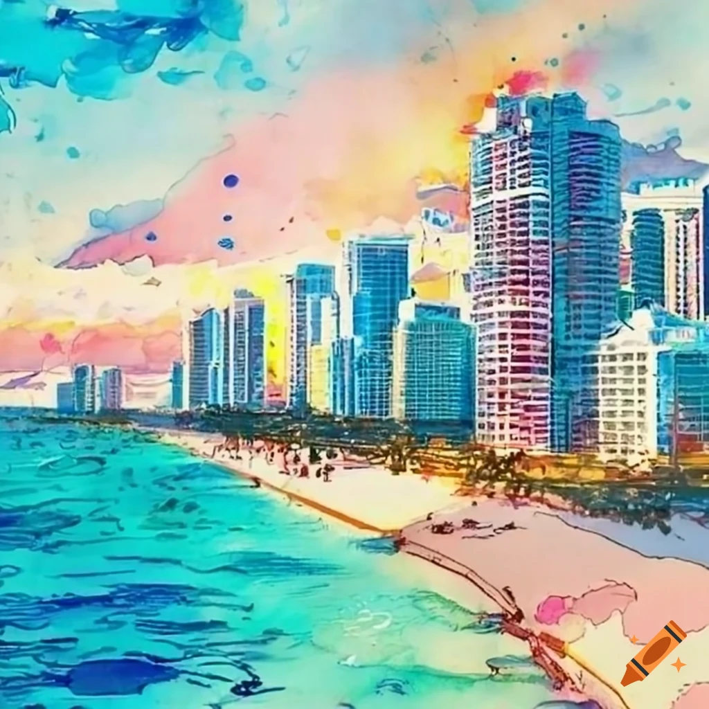 Beautiful detailed miami beach in watercolor on Craiyon