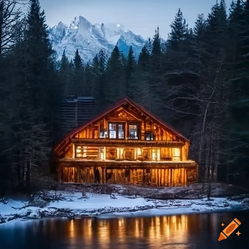 Luxury log lodge in a snowy forest with flowing river and string lights ...