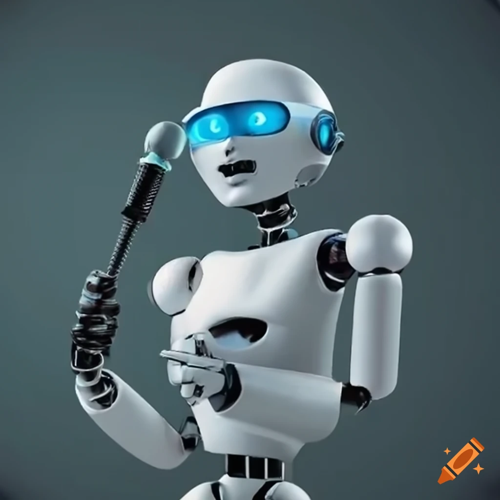 Robot telling jokes in front of a microphone on Craiyon