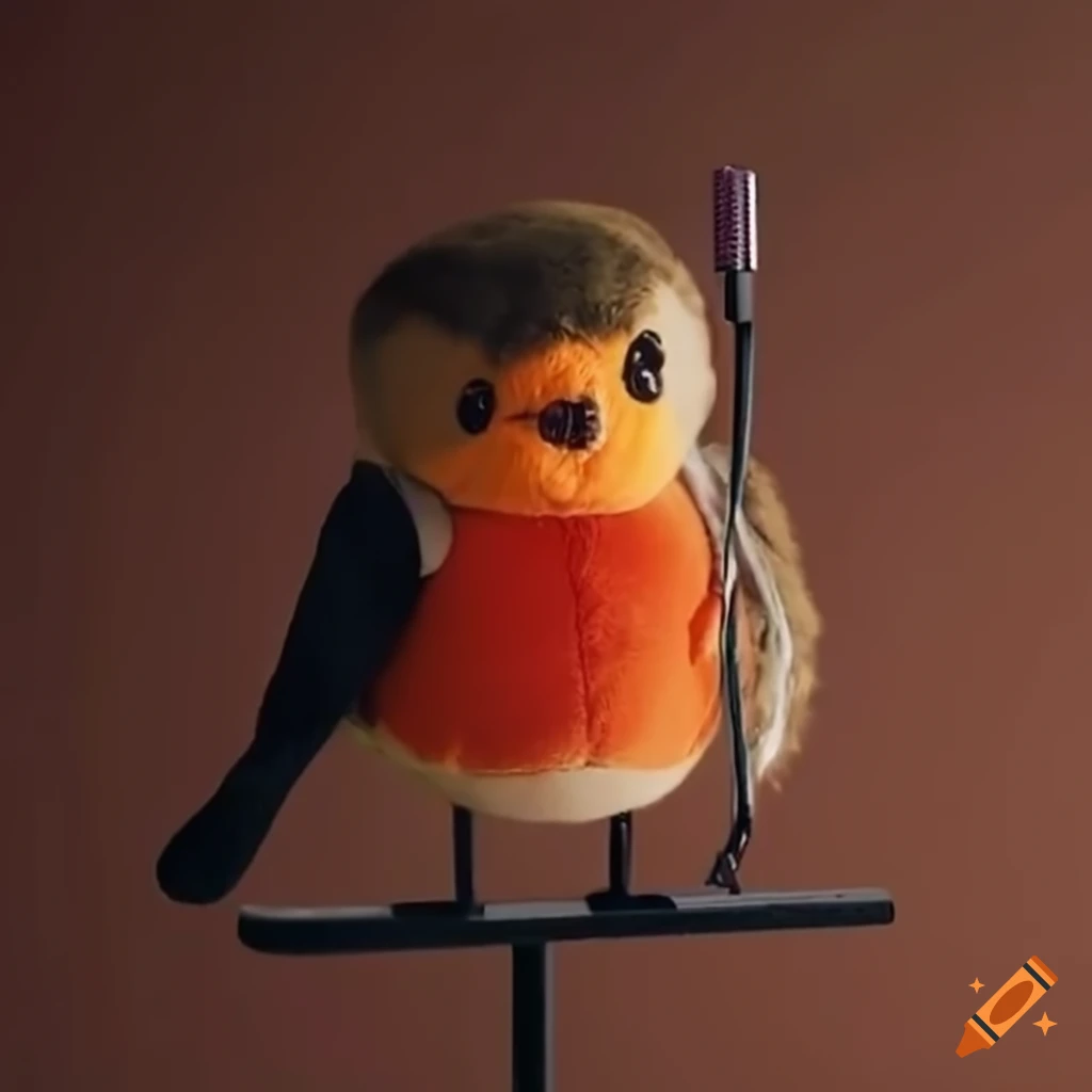 Tired plush robin singing to a microphone on Craiyon