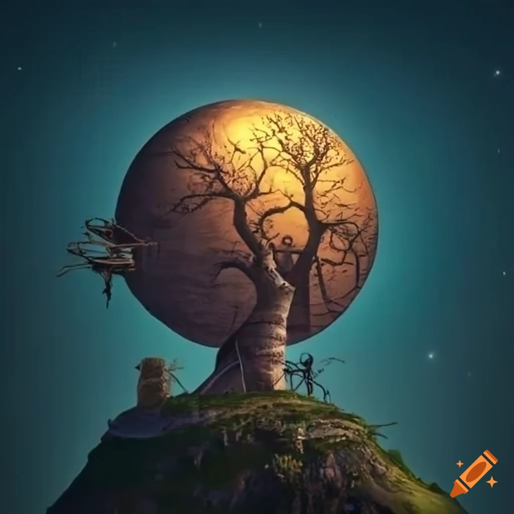 Treehouse on the surface of the moon in a surreal setting on Craiyon