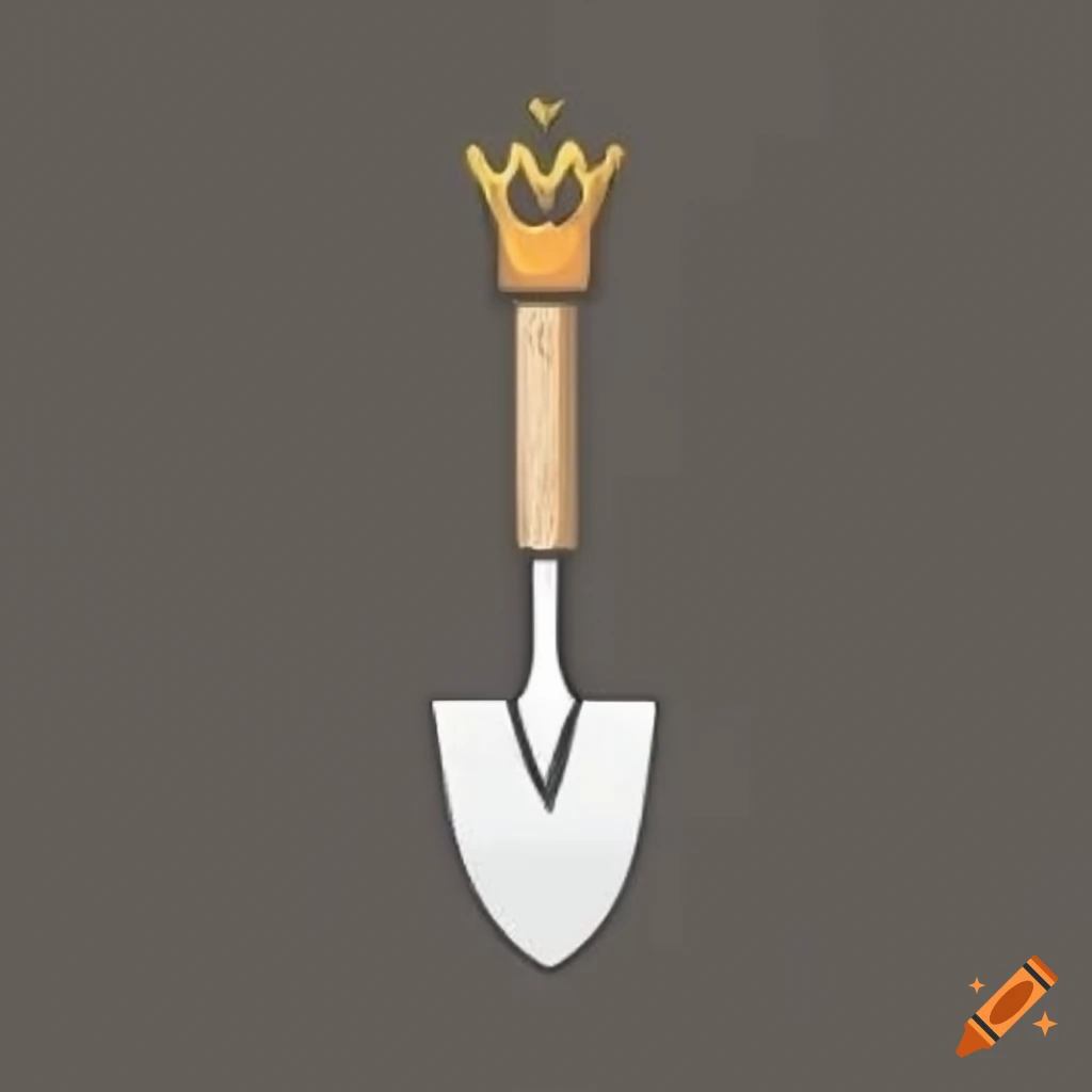 Simple garden spade tool with a crown in black and white on Craiyon