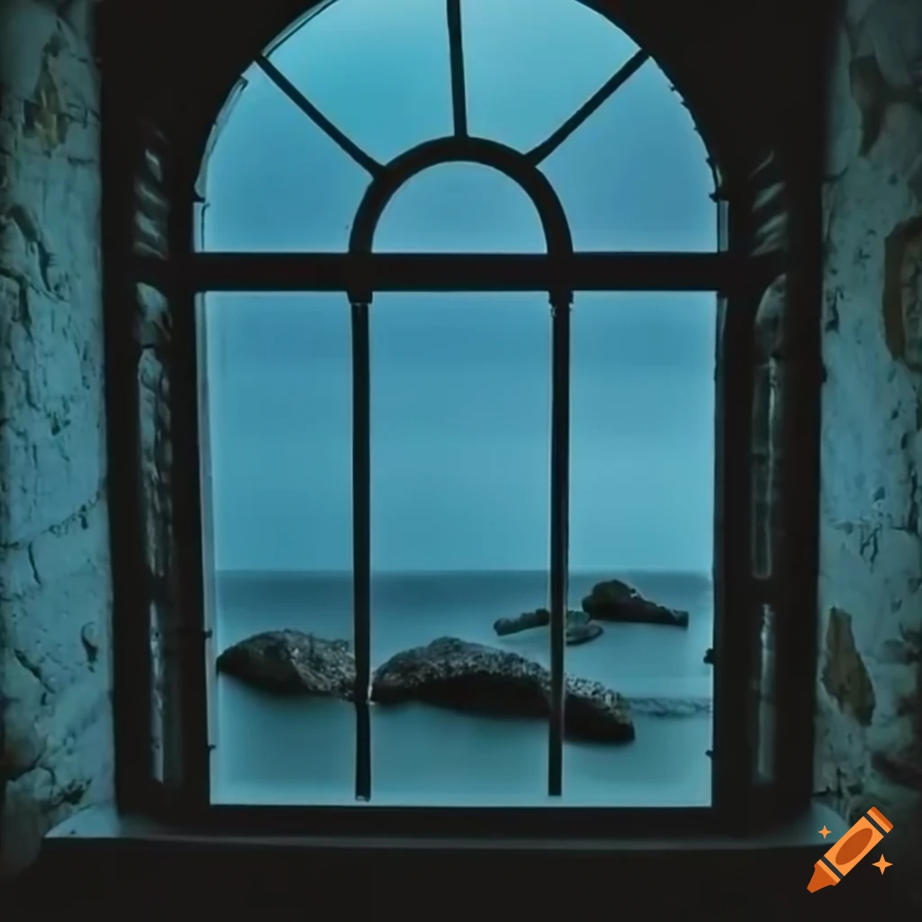View of the ocean through an arched window at night from a rocky house ...
