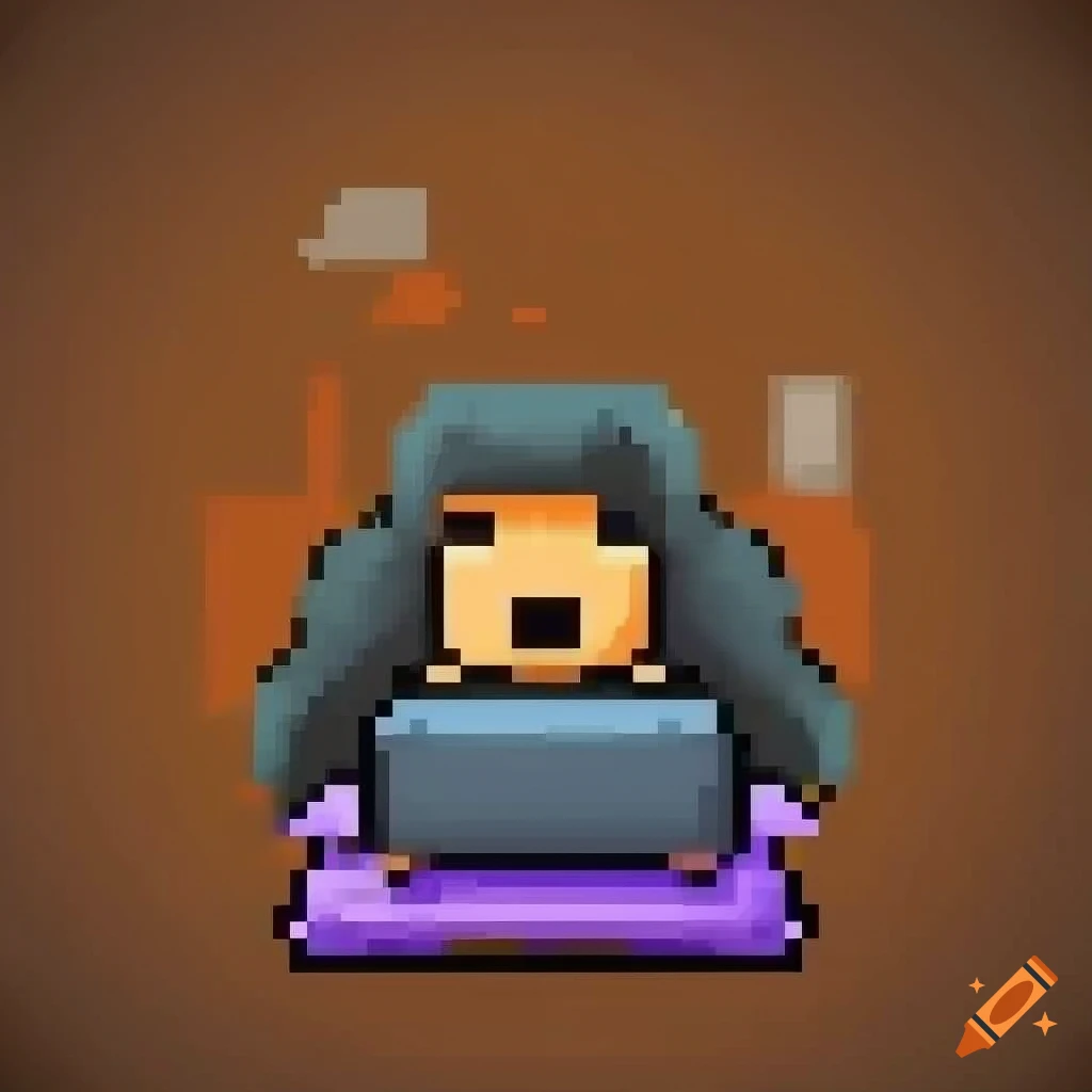 Girl using computer in dim room with muted orange and brown pixel art ...