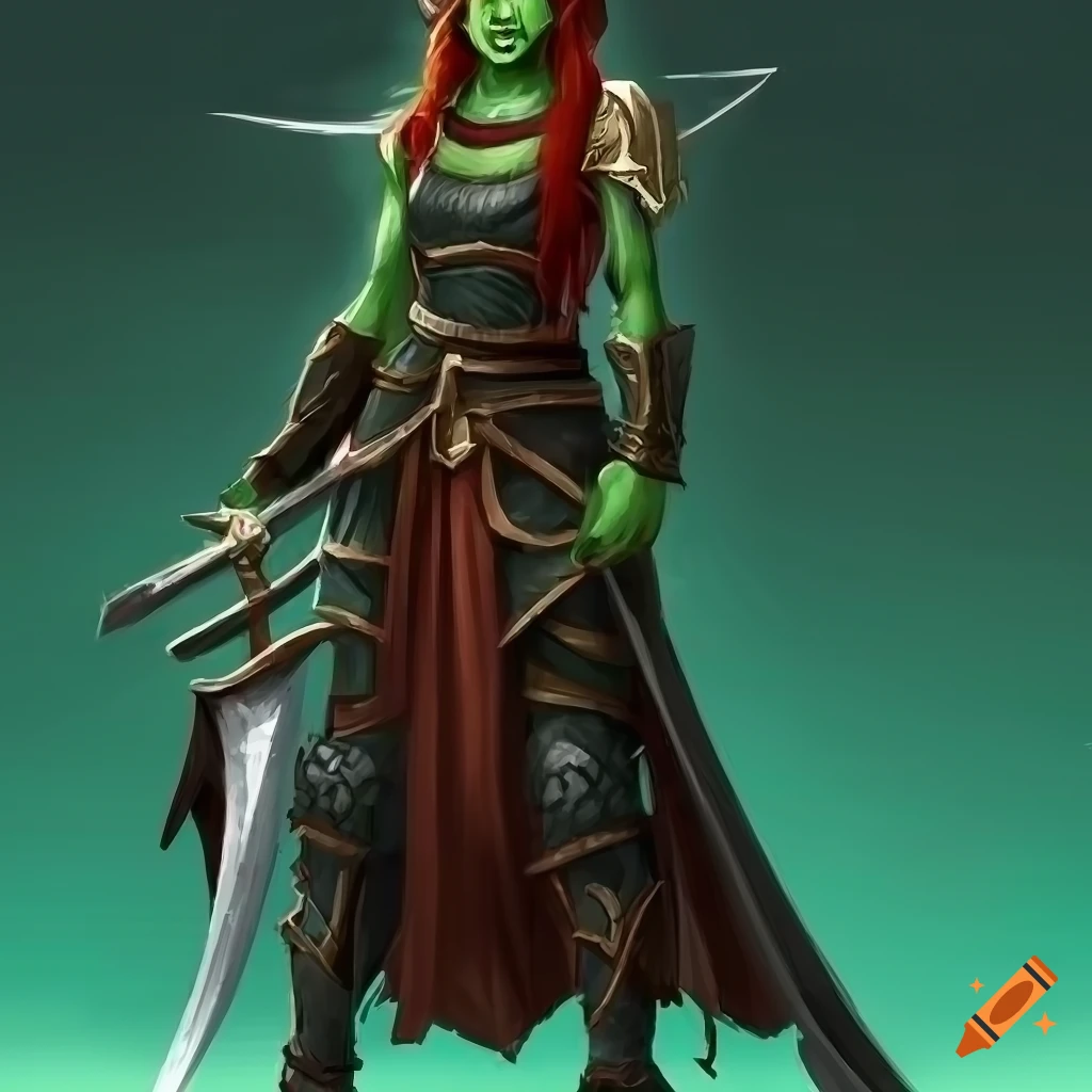 Mystical goblin in warrior stance with two swords in fantasy attire on ...