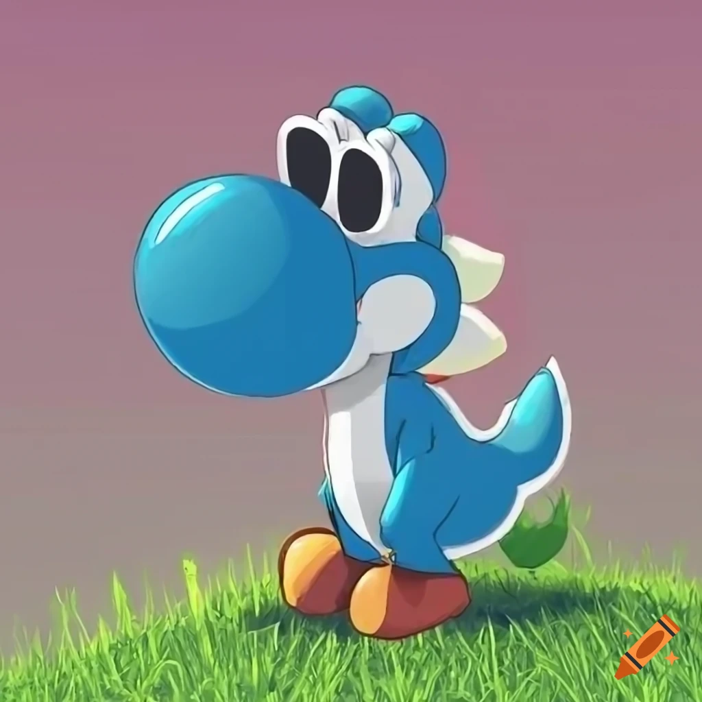 Blue Yoshi wearing sunglasses in a cartoon setting on Craiyon