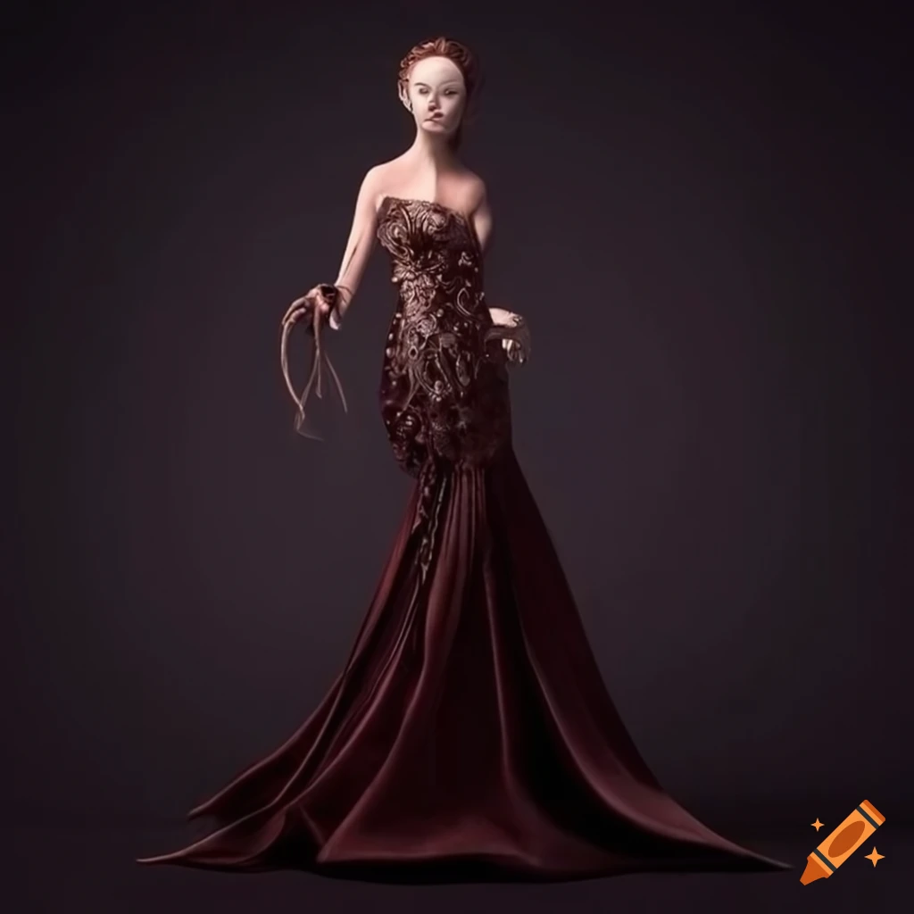 Elegant woman in a timeless gown with intricate propeller designs on ...