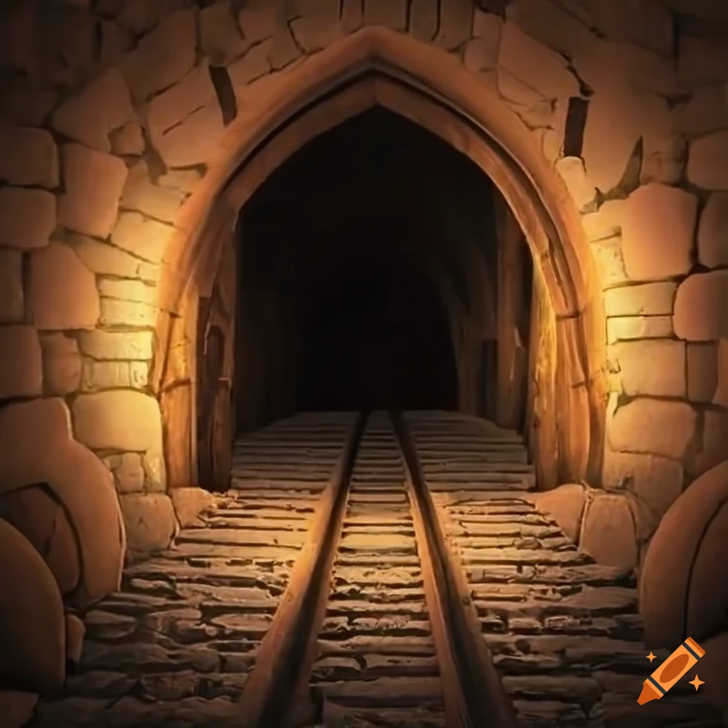 Medieval mine entrance with cart tracks on Craiyon