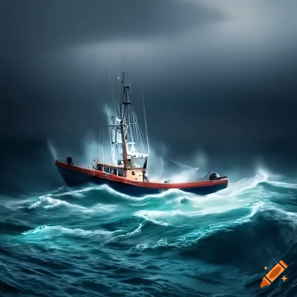 Coast guard boat in a dramatic stormy ocean on Craiyon