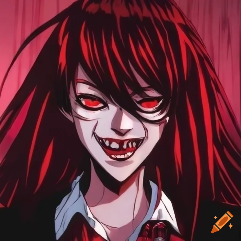 Short haired vampire girl with a deranged smile in anime style on Craiyon