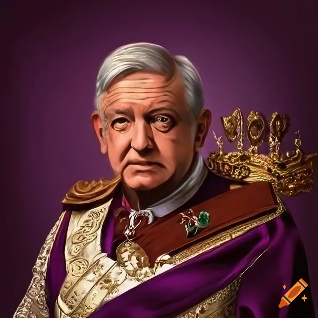 Amlo in majestic attire posing for an oil portrait on Craiyon