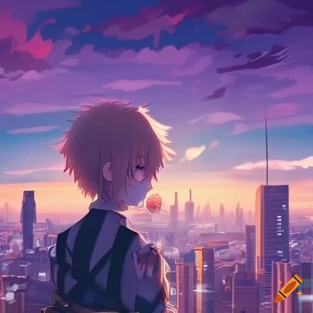 Anime character overlooking the city on Craiyon