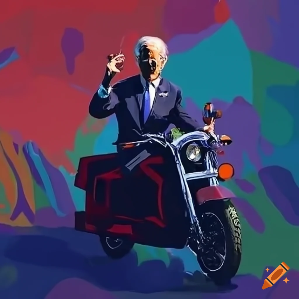 Joe biden riding a motorcycle in the style of picasso on Craiyon