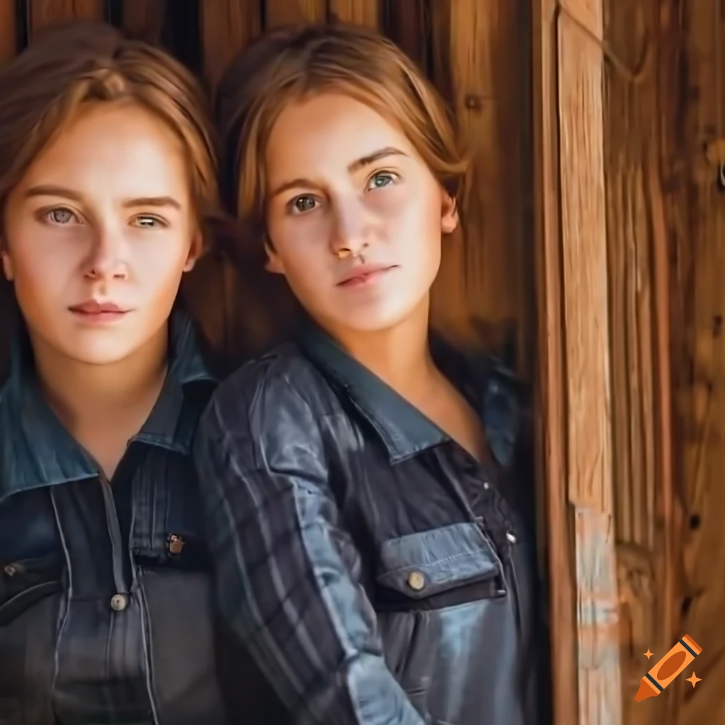 Two stylish irish twins standing in doorway of a barn on Craiyon