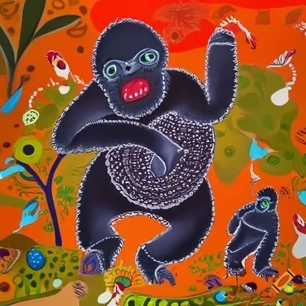 Dancing gorillas in the jungle in tinga tinga style painting on Craiyon