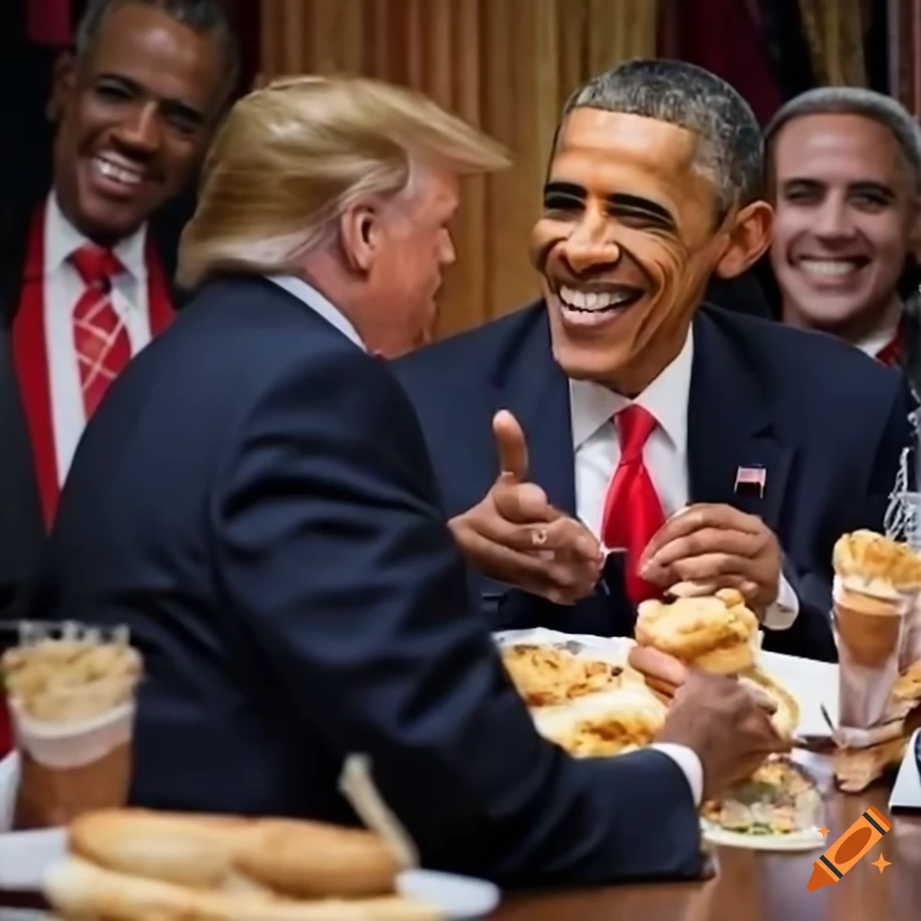 Caricature of obama and trump at fast food dinner on Craiyon
