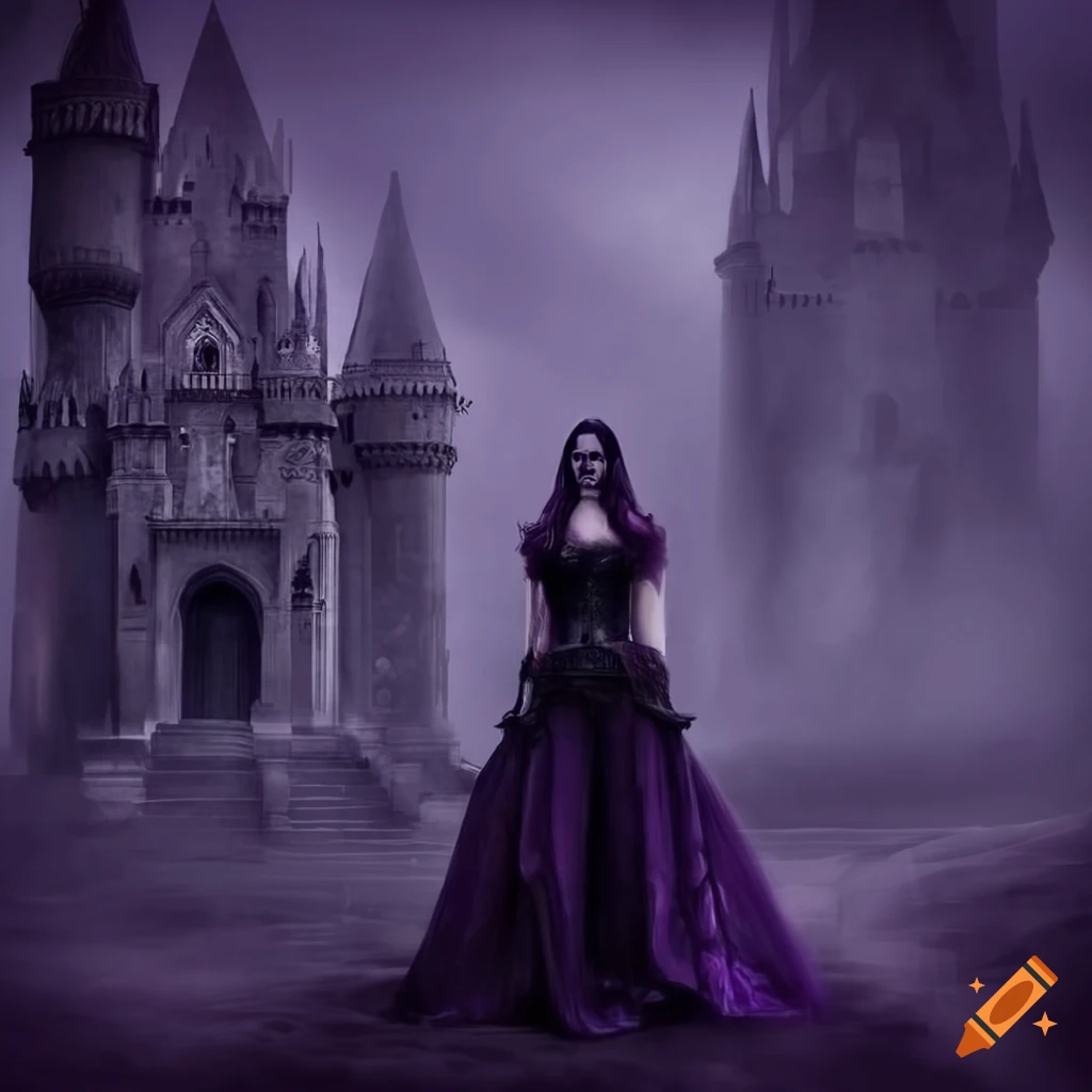 Enigmatic goth woman standing before a haunting castle at night on Craiyon