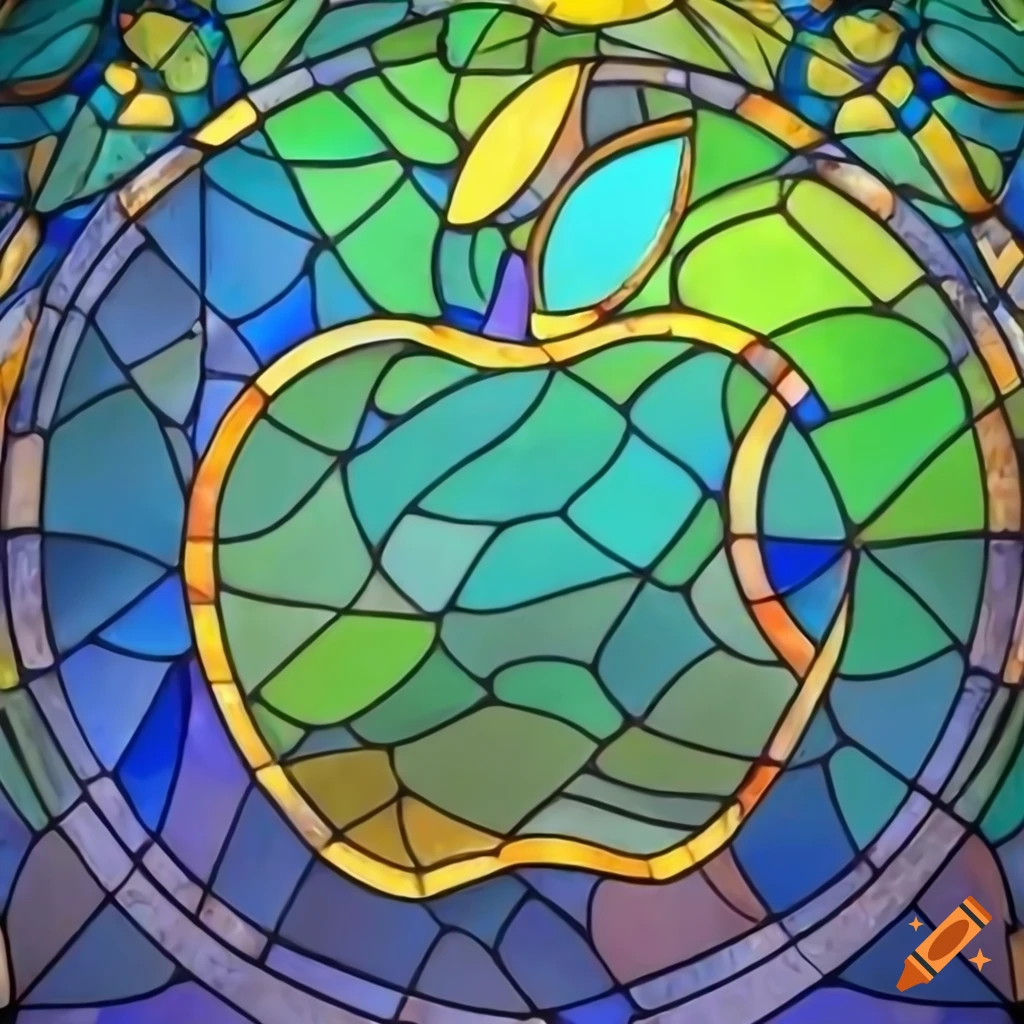 Stained glass depiction of the Apple logo in blue, green, and gold ...