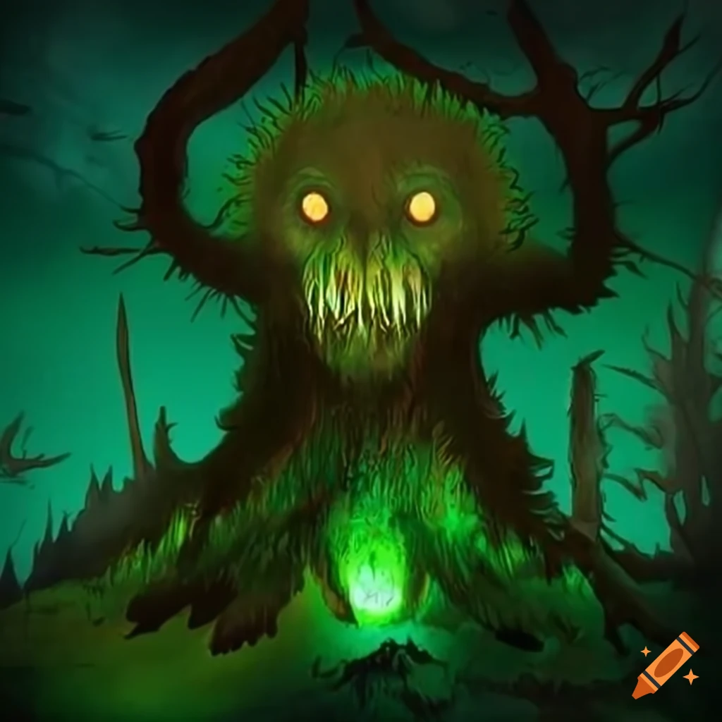 Cryptid with glowing eyes in a mysterious setting on Craiyon