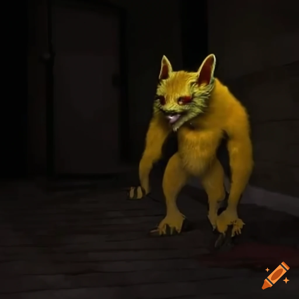 Unique cryptid with yellow fur grinning in a dark alleyway on Craiyon