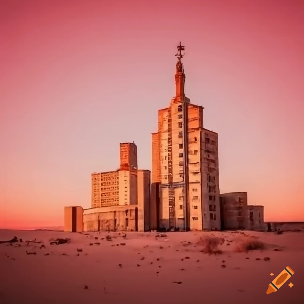 Soviet-style buildings in a desert landscape with red sky and planets ...