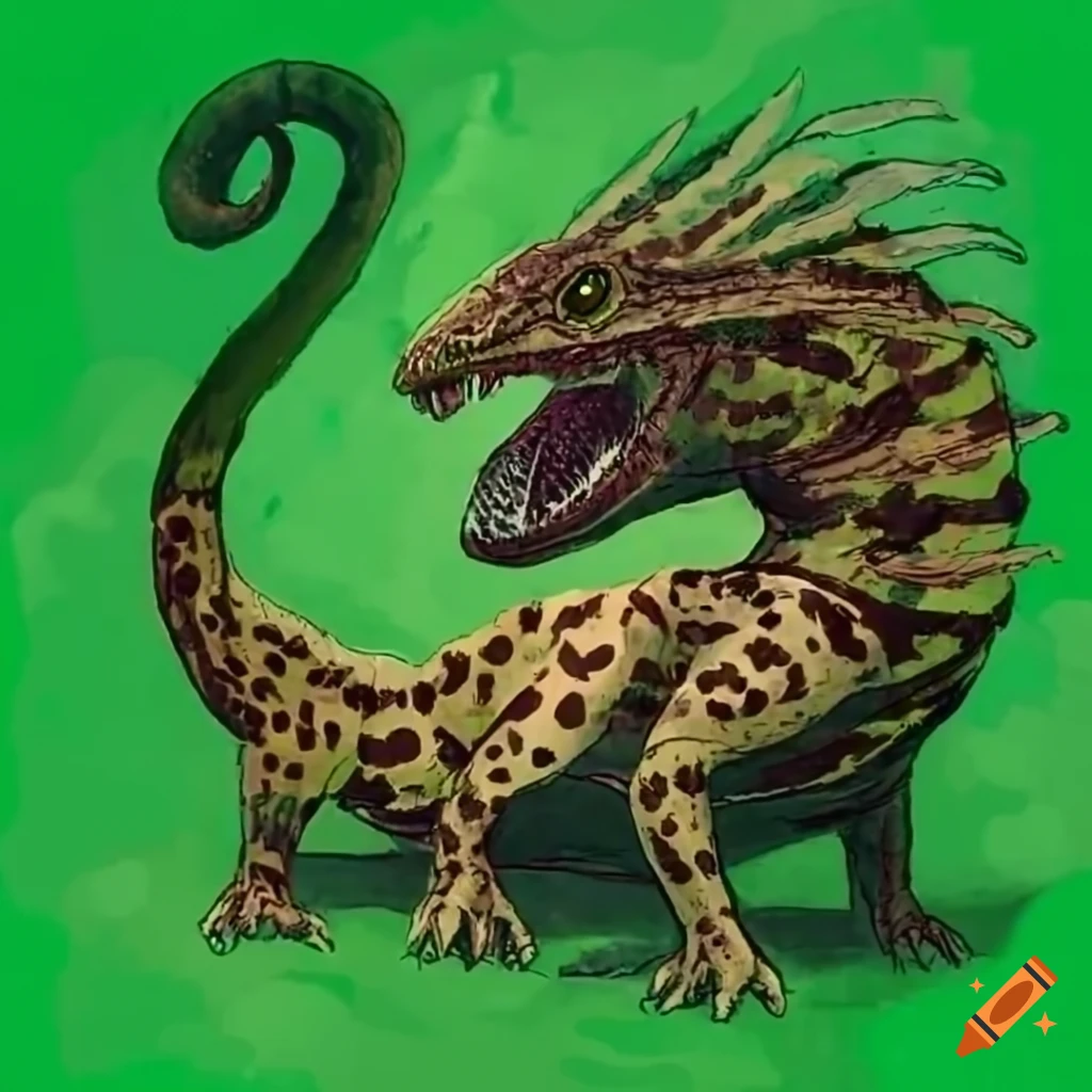 Stealthy reptilian creature hunting in ferns and treetops, inspired by ...