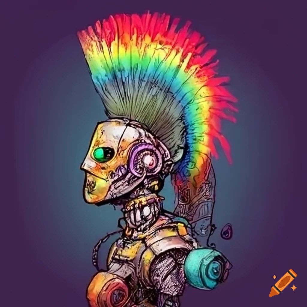 Punk robot with weapons and mohawk in a colorful apocalyptic setting on ...