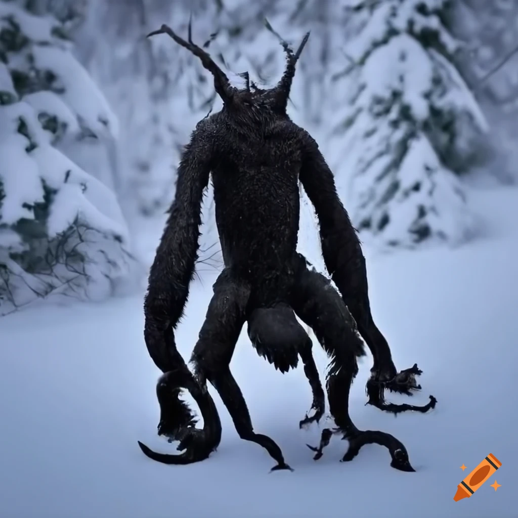 Sculpture of a tall oily beast dropping tar in a snowy forest with red ...