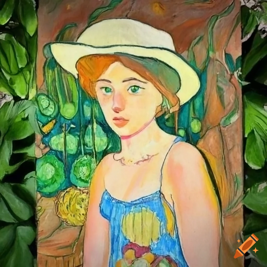 Girl in the garden near the basin in van gogh style on Craiyon