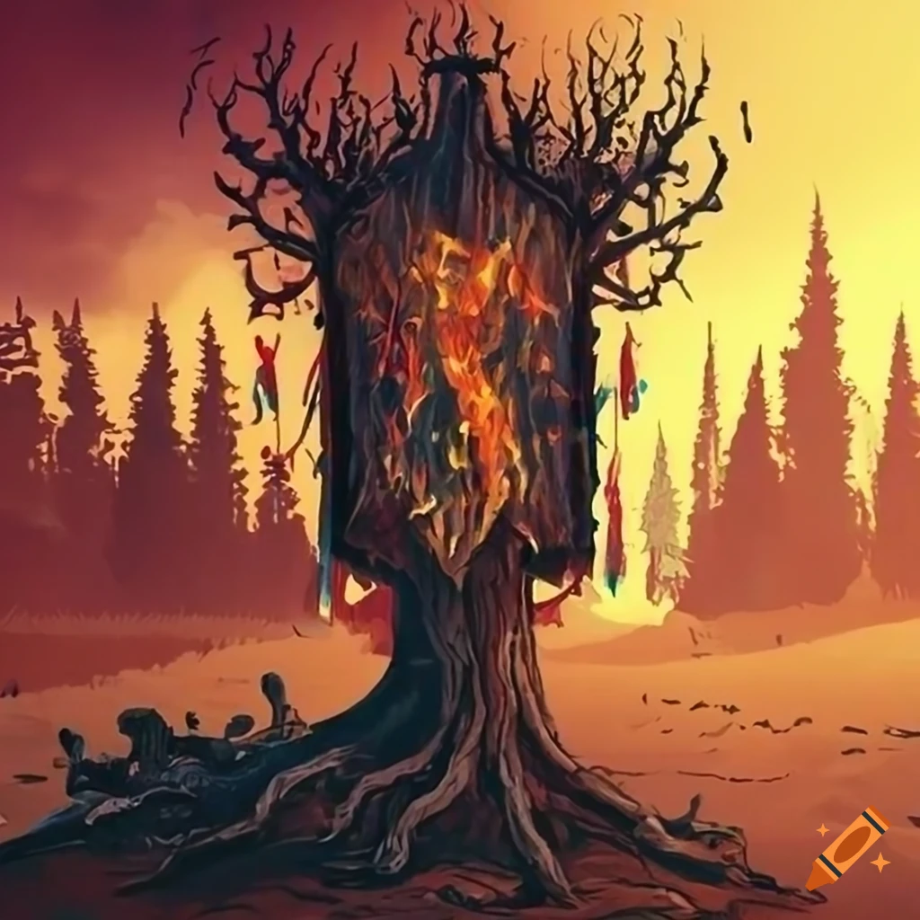 Burning tree with a medieval banner on Craiyon