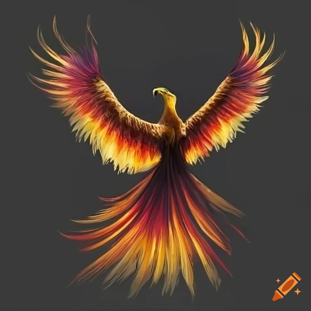 Black phoenix with a long tail flying upward on Craiyon