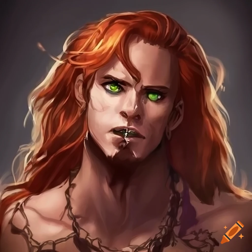 Hulking goliath d&d character with auburn hair and green eyes on Craiyon