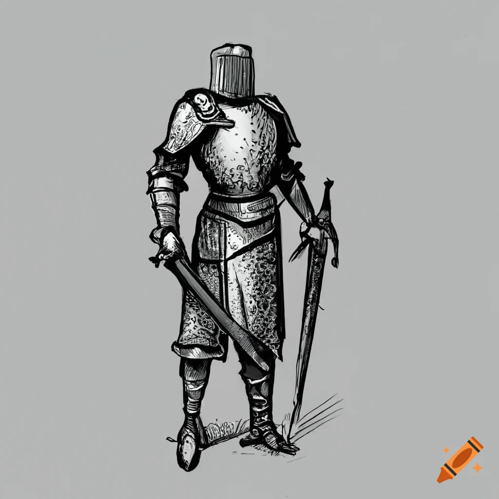 Ink sketch of knight in full plate armor ready for battle on Craiyon