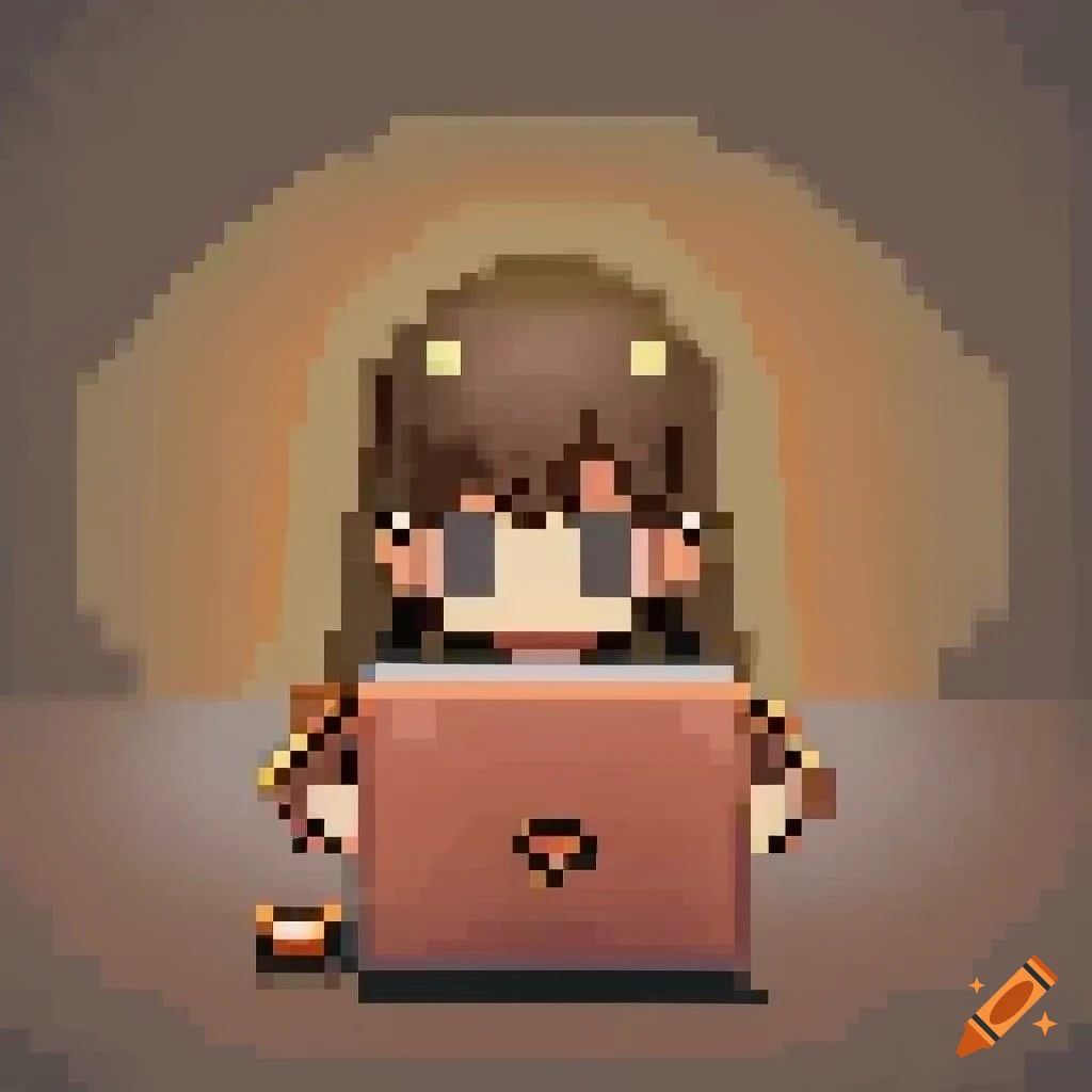 Girl using computer in a dim orange and brown pixel art room on Craiyon