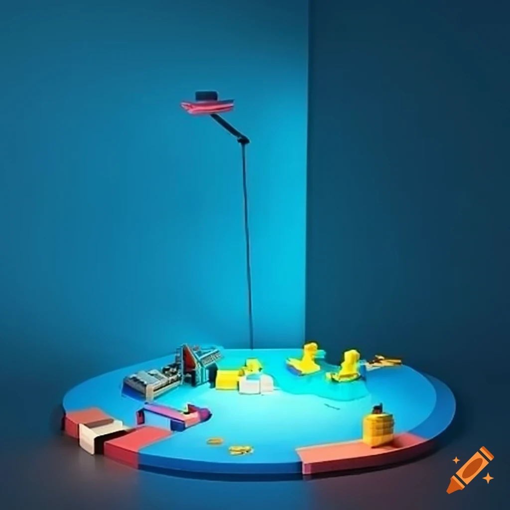 Colorful puzzle land with lego buildings, action figure statues, and ...