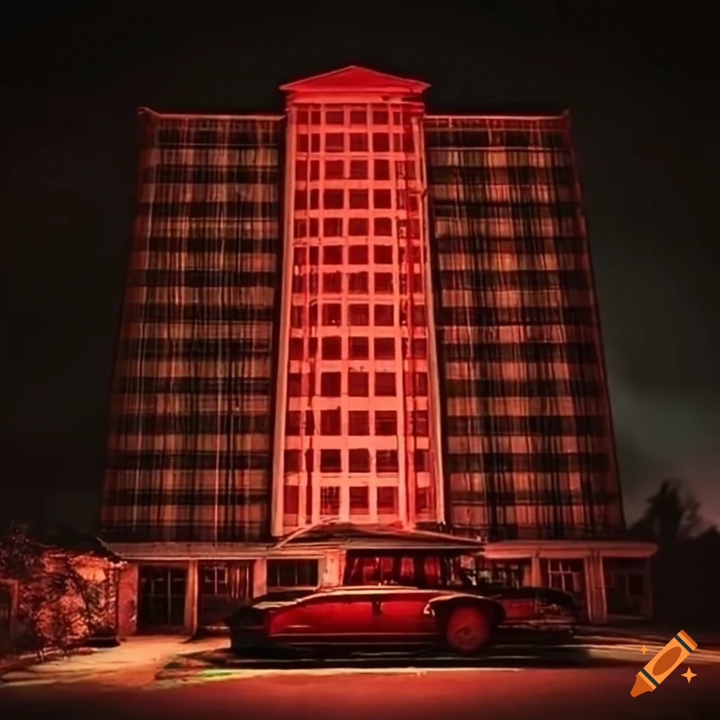 Creepy 1940s hotel exterior with red night glow on Craiyon