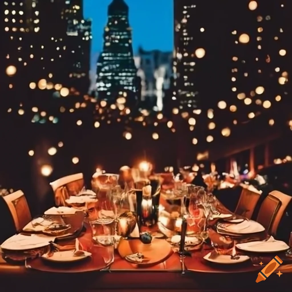 Wedding dinner table at a san francisco rooftop at night on Craiyon