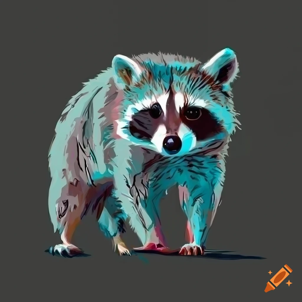 Walking raccoon in vibrant cubist style against black background on Craiyon