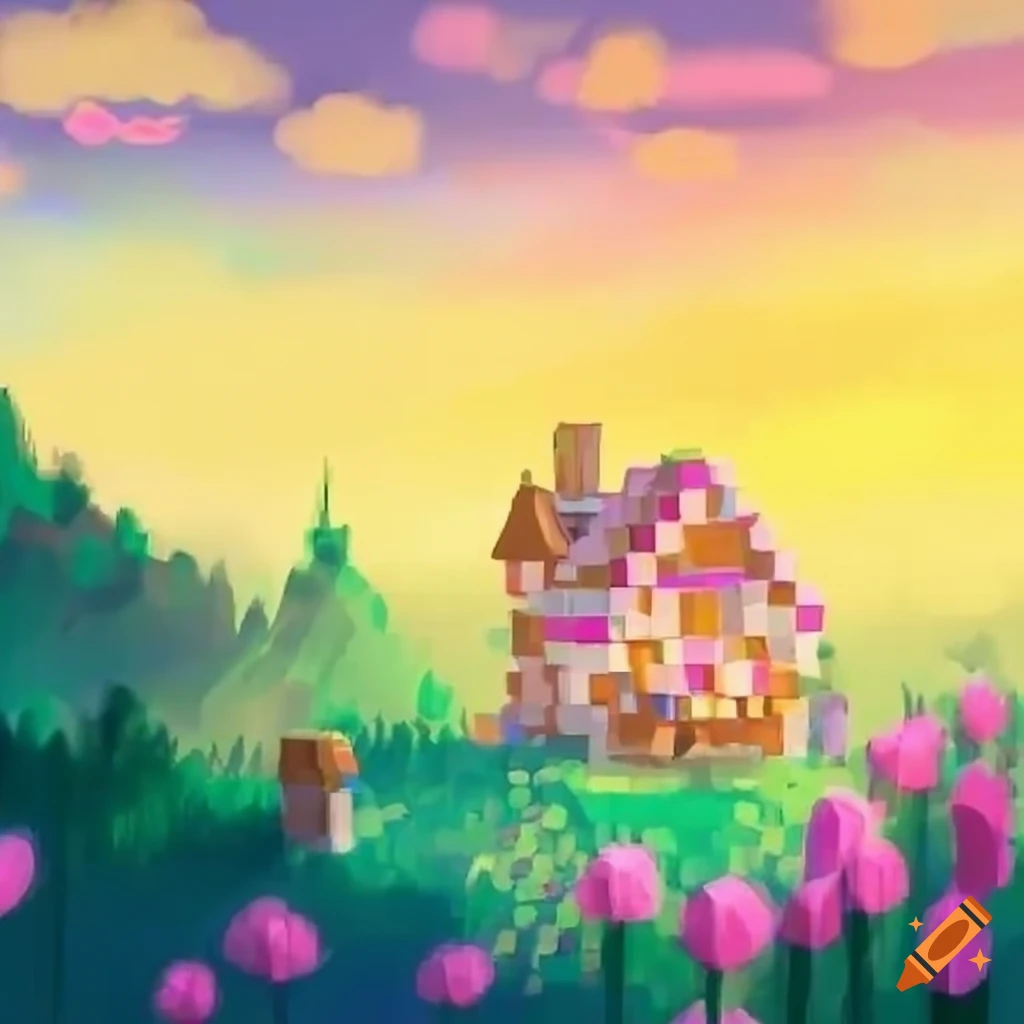 Idyllic minecraft-inspired candy-colored cottage in rolling honey hills ...