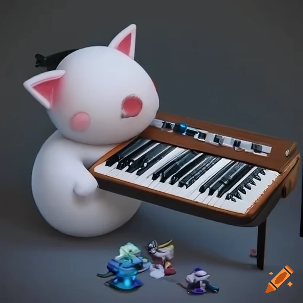 Moogle from final fantasy playing a moog synthesizer on Craiyon