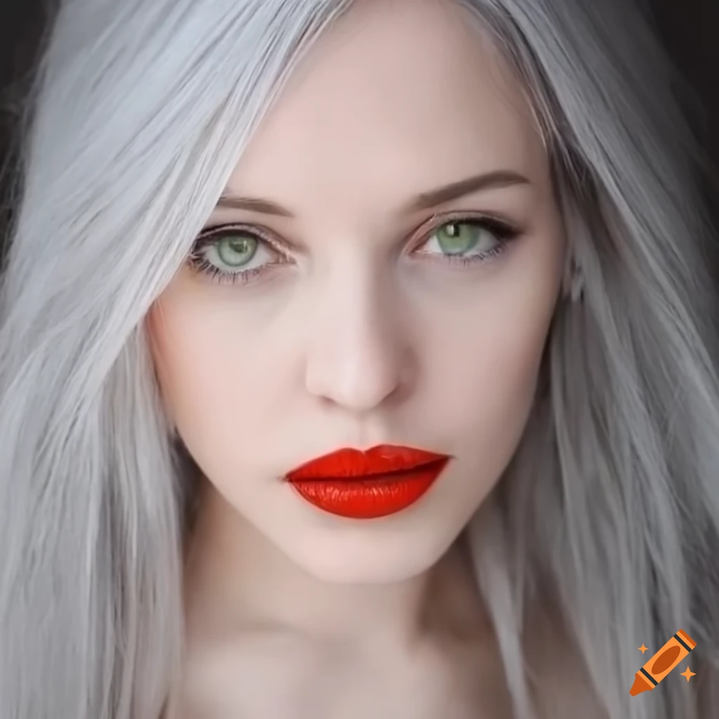 Young woman with pale skin, red lips, and bright green eyes on Craiyon