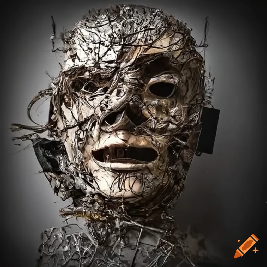 Homemade android made of metal scraps with a human mask on Craiyon