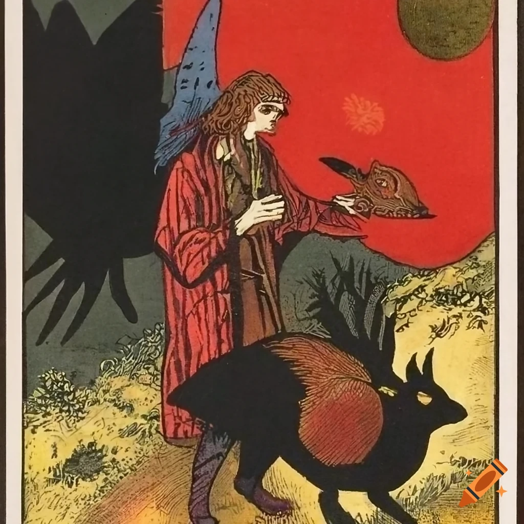 The Fool Tarot Card with intricate Norse woodcut background on Craiyon