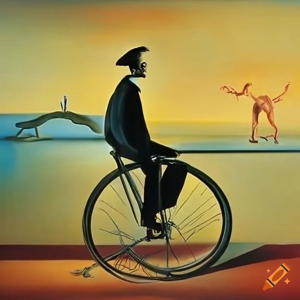 Lonely man riding a bike in salvador dalí art on Craiyon