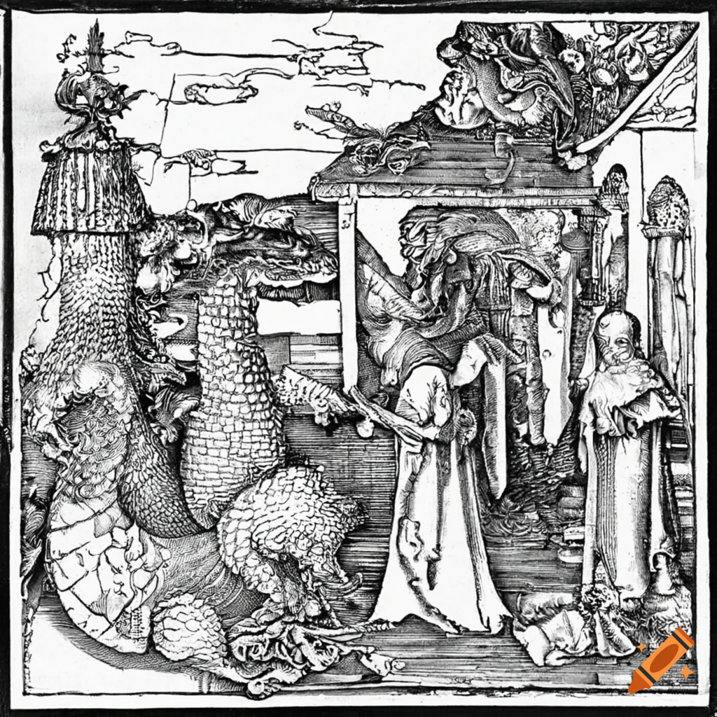 Nordic dragon and saint in a medieval village in dürer style xylography ...